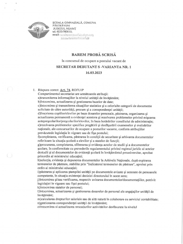 Barem Subiect Proba Scrisa Concurs Secretar Debutant S | PDF