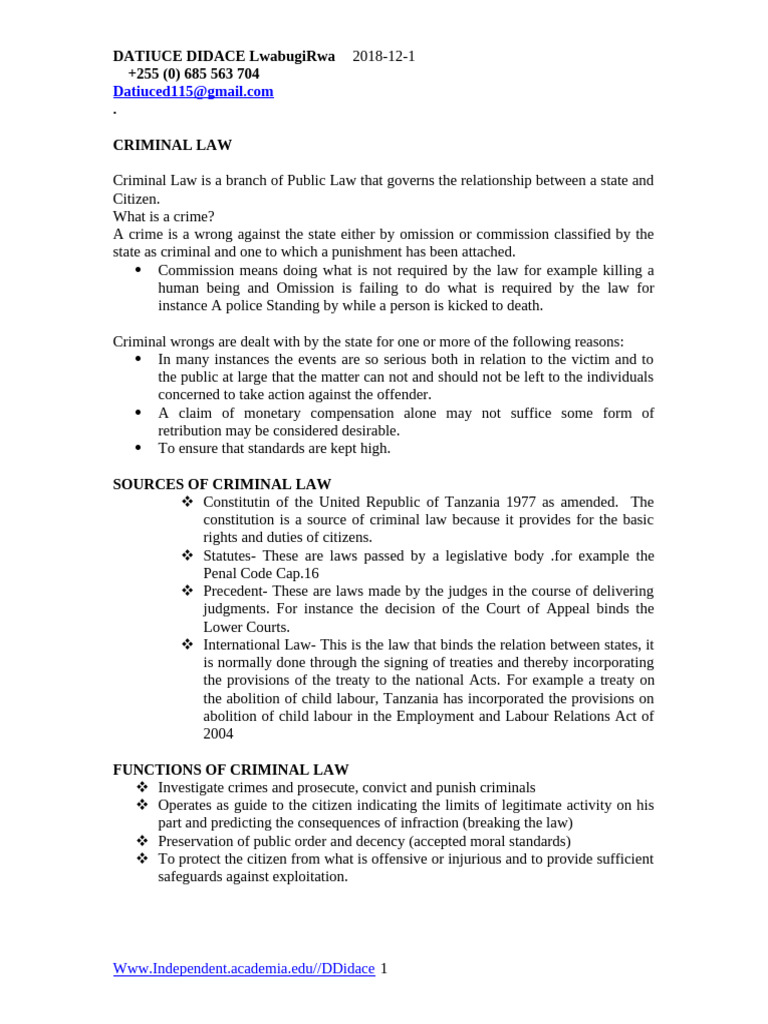 Criminal Law by Datius Didace Mzumbe Uni-58107145 | PDF | Mens Rea | Aiding And Abetting