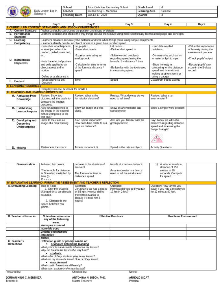 Science 4 Daily Lesson Log: Forces & Motion | PDF | Learning | Speed