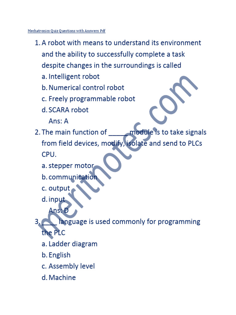 Mechatronics Quiz Questions Answers | PDF