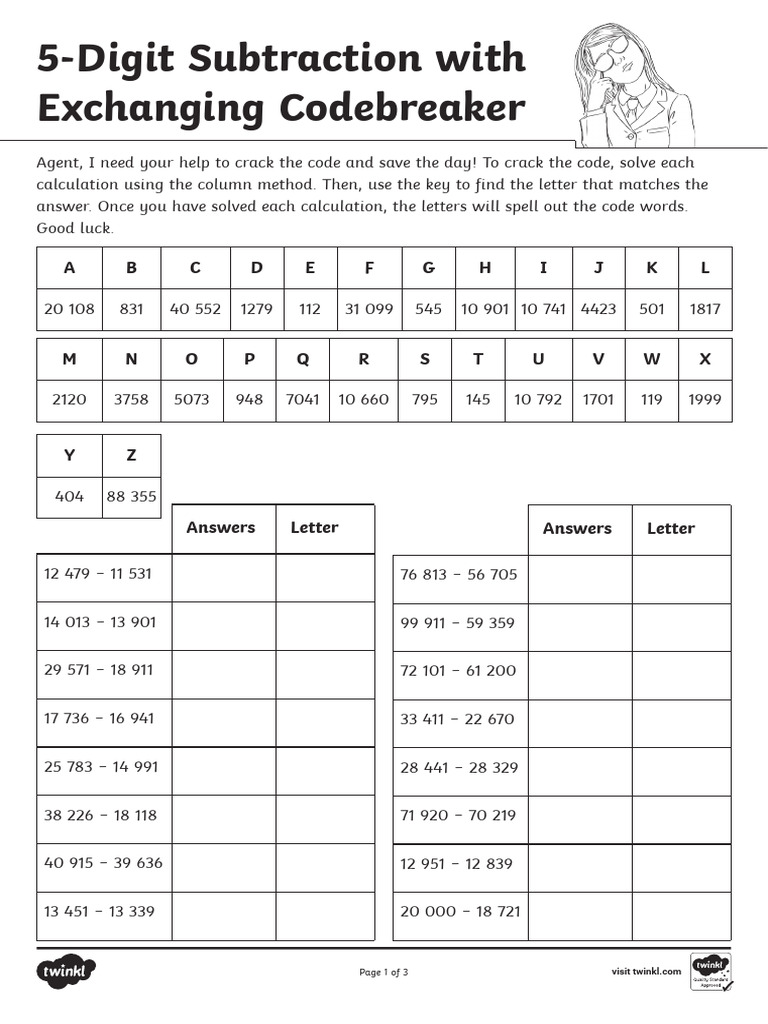 T M 1668170510 Year 5 5 Digit Subtraction With Exchanging Codebreaker - Ver - 3 | PDF ...