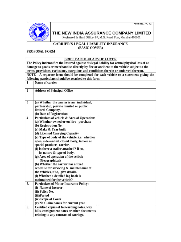 Carrier's Legal Liability Insurance Proposal | PDF | Insurance | Bill ...
