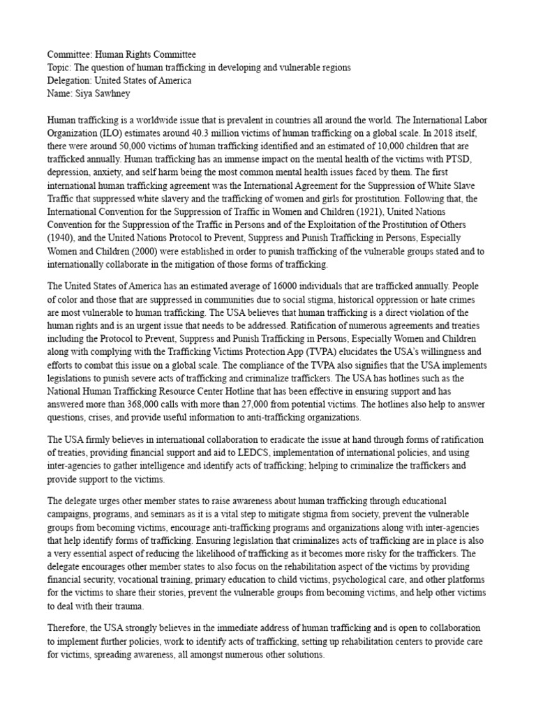 DIAMUN HRC USA Position Paper #1 | PDF | Human Trafficking | Sexual Slavery