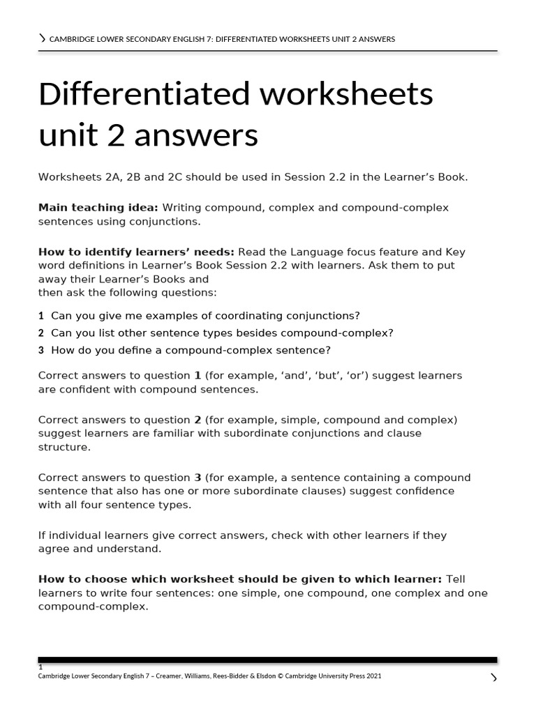 LS English 7 U2 Diff Worksheets Answers | PDF | Sentence (Linguistics) | English Language