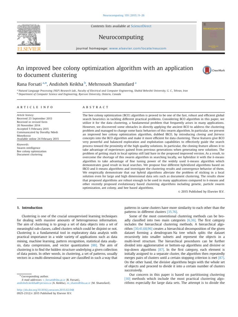 2015 Elsevier An Improved Bee Colony Optimization Algorithm With An Application To Document