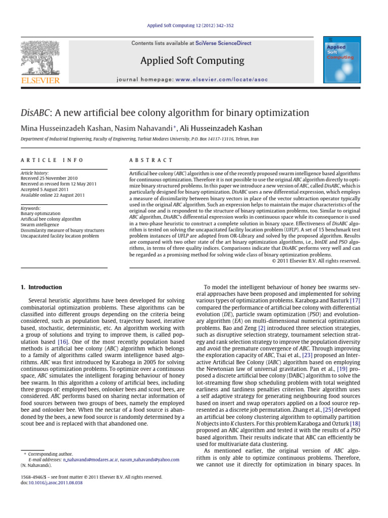 2012 Elsevier DisABC a New Artificial Bee Colony Algorithm for Binary Optimization | PDF ...