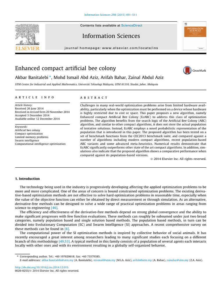 2015 Elsevier Enhanced Compact Artificial Bee Colony | PDF | Mathematical Optimization ...