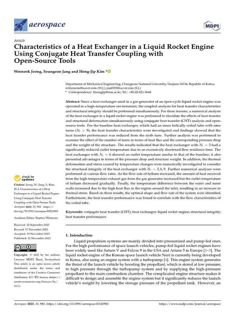 Characteristics of a Heat Exchanger in a Liquid Rocket Engine Using Conjugate Heat Transfer ...