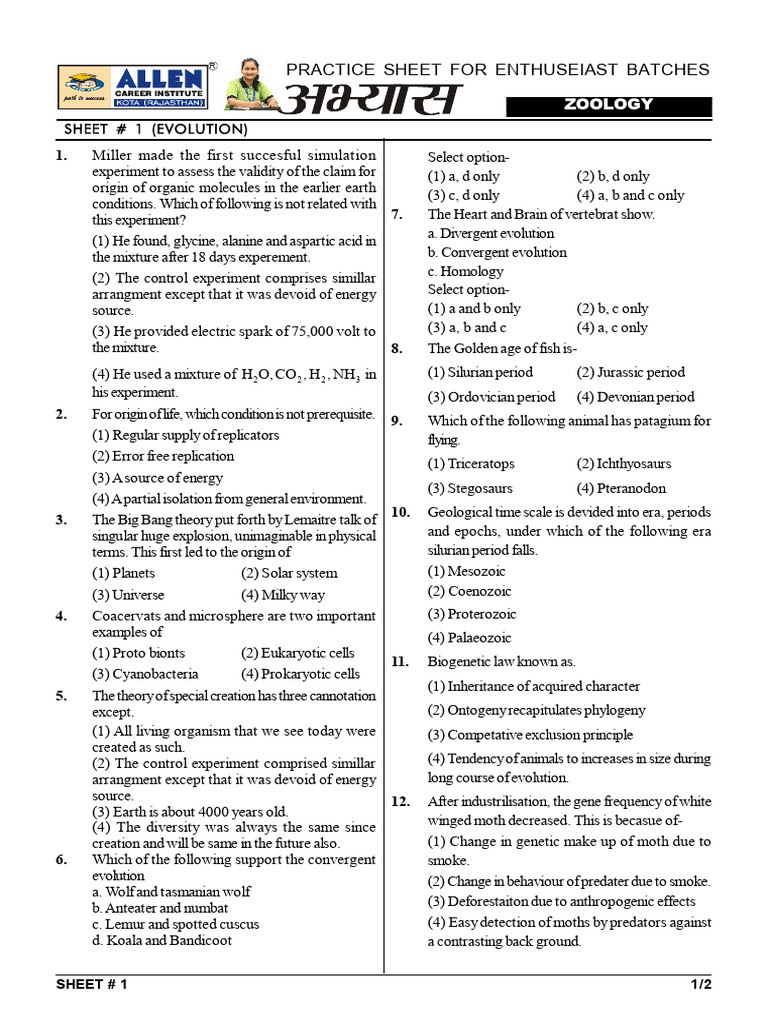 Enthuse - Abhyas Sheet # 1 (ZOOLOGY) Evolution | PDF | Geologic Time Scale | Cell (Biology)