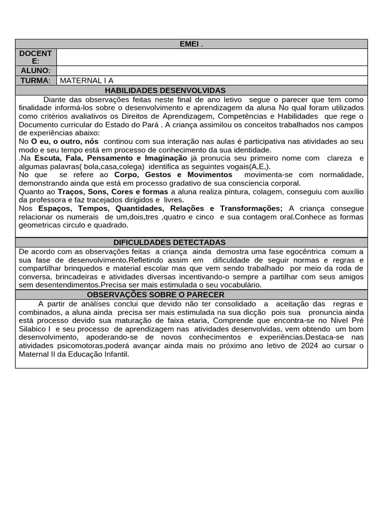 Pareceres Final Maternal KELLY 2023 - Copia | PDF | Aprendizado