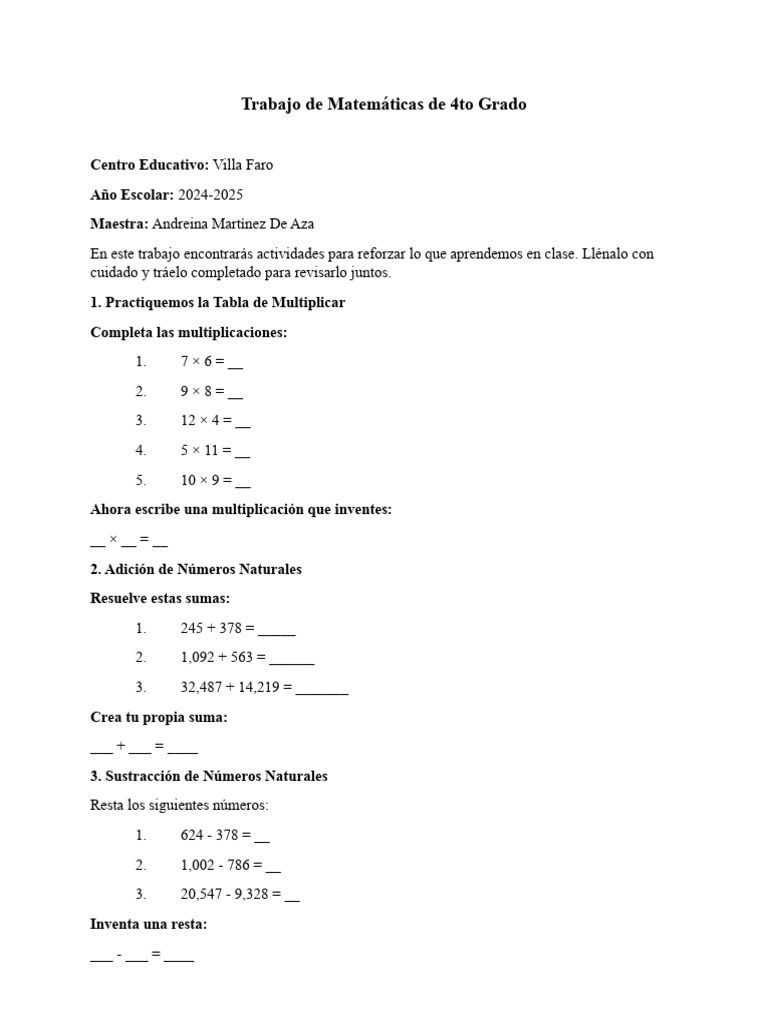 Trabajo de Matemáticas de 4to Grado | PDF