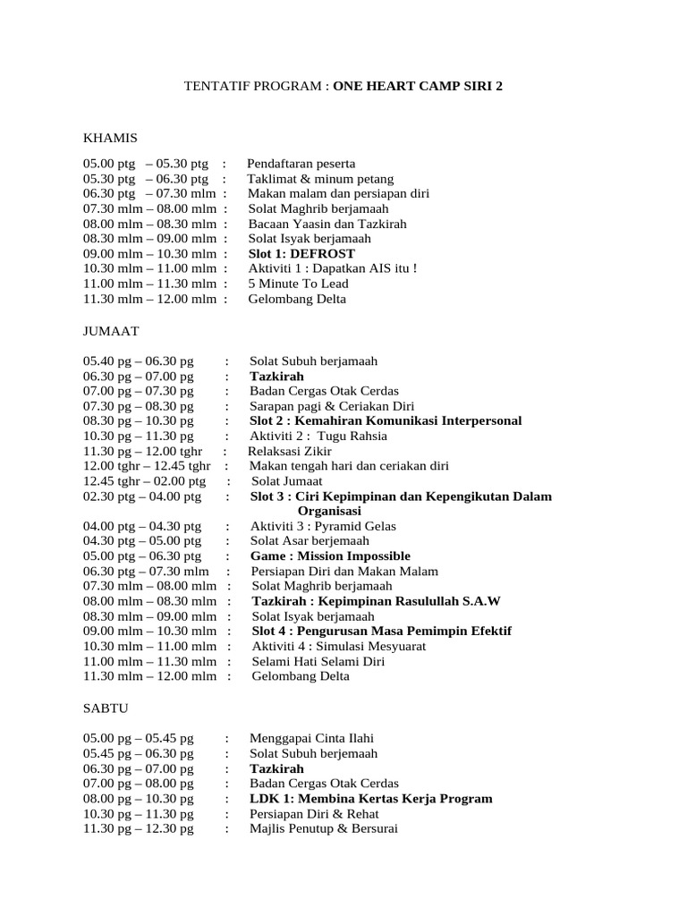 Tentatif One Heart Camp Siri 2 | PDF