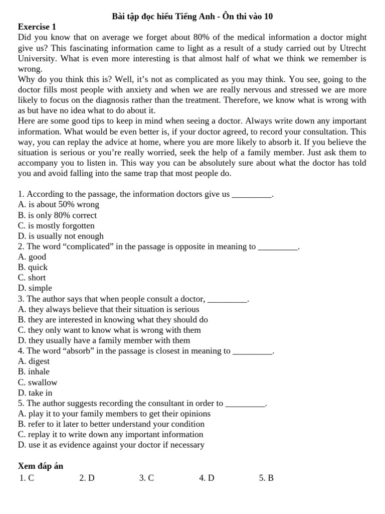 Bài tập đọc hiểu Tiếng Anh - Ôn thi vào 10 Exercise 1 | PDF