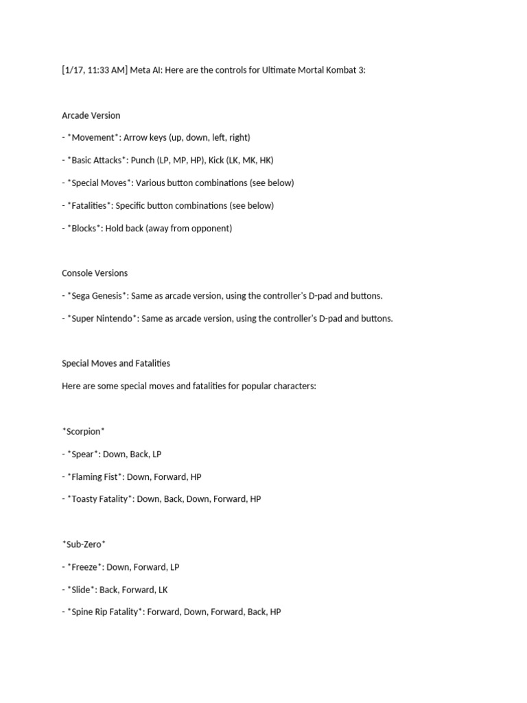 Mortal Kombat 3: Moves & Controls Guide | PDF