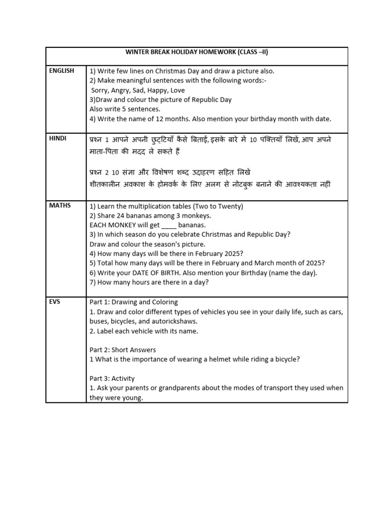 CLASS 2 Holiday Homework-2 | PDF