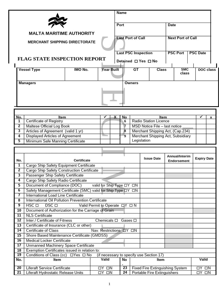 Flag State Inspection Report Template | PDF | Water Transport | Shipping