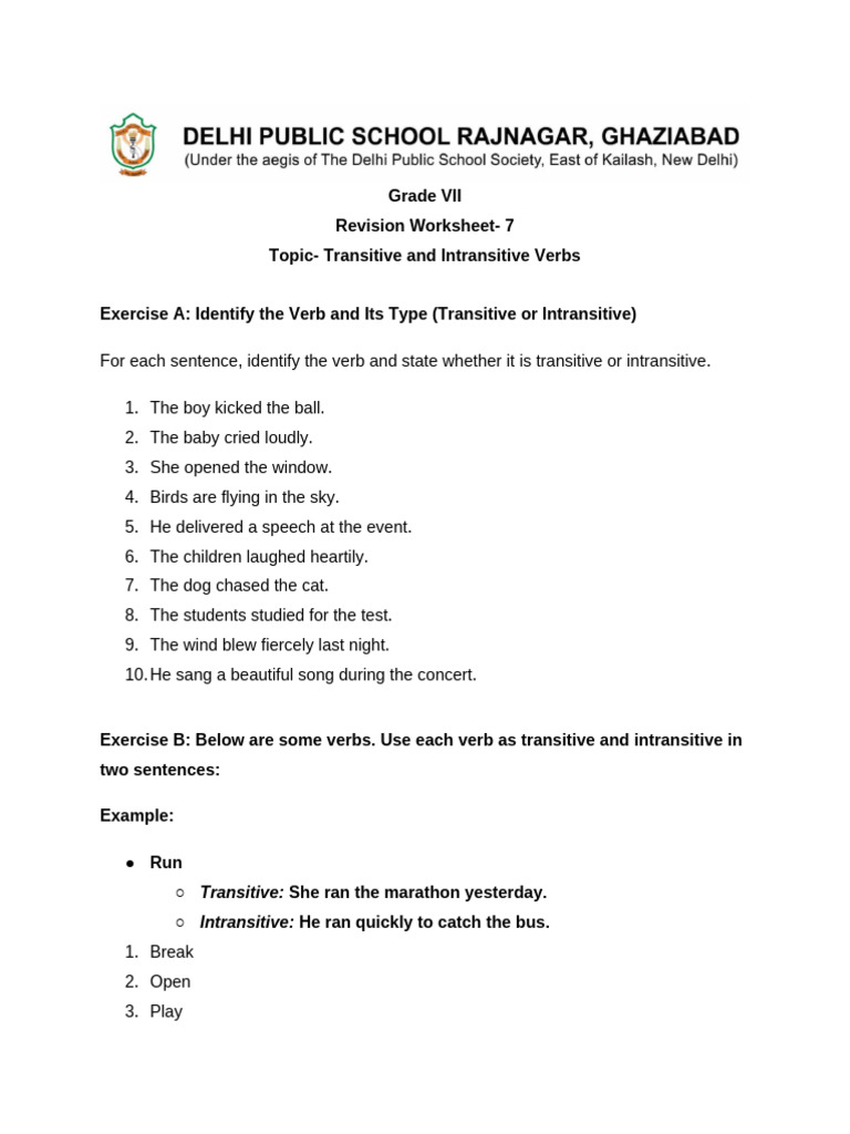 1 Grade VII RW Transitive and Intransitive Verbs | PDF | Verb | Grammar