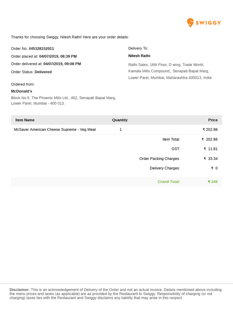 Swiggy Order 45328152011 | PDF