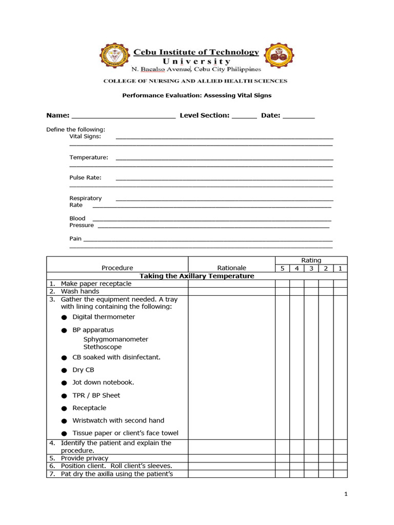 Vital Signs Assessment Procedure Guide | PDF | Clinical Medicine ...