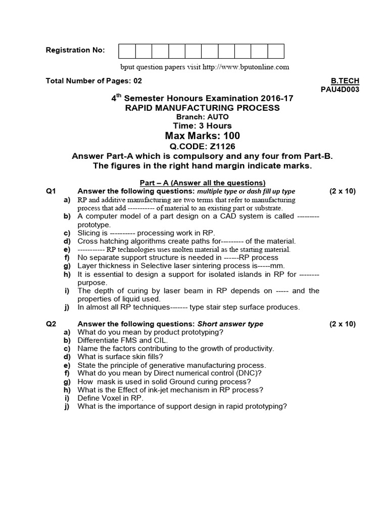 Btech 4 Sem Pau4d003 Rapid Manufacturing Process 2017 | PDF | 3 D ...