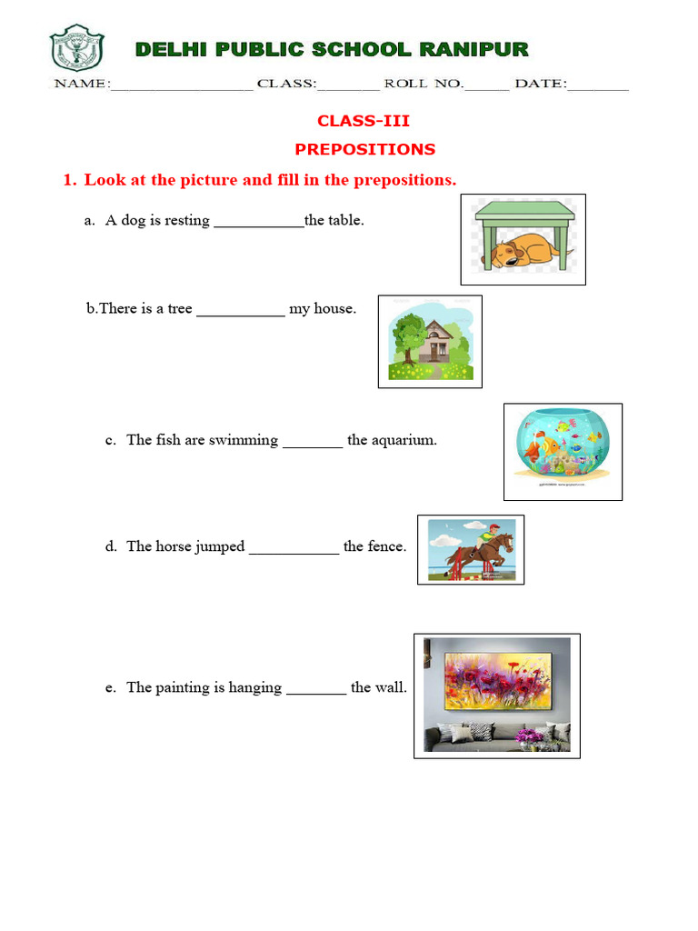 Prepositions Assignment Class 3 | PDF
