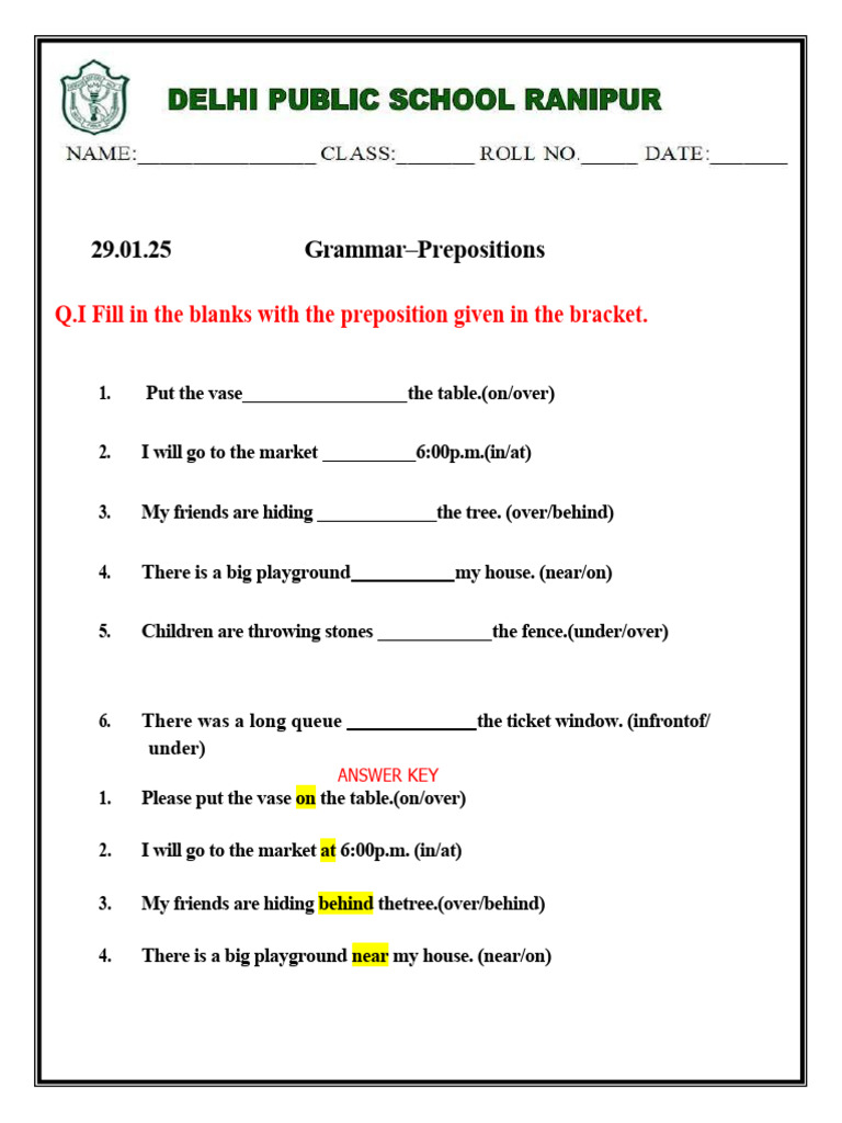 Prepositions Class Iii Work 29.1.25 | PDF