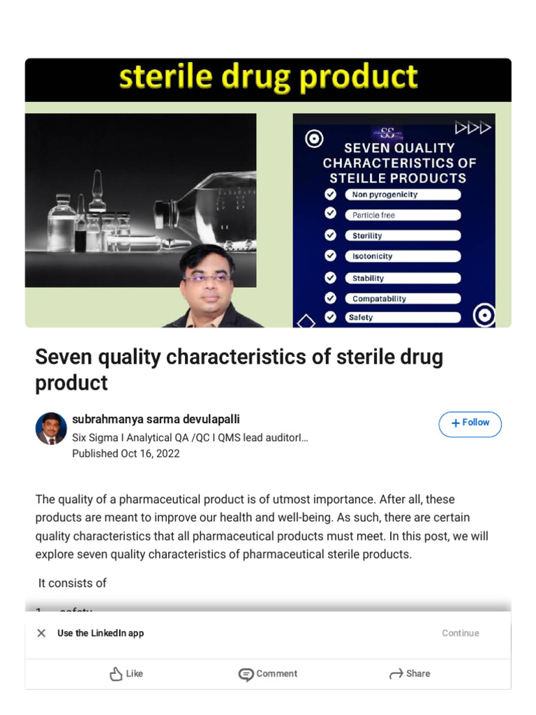 Seven Quality Characteristics of Sterile Drug Product | PDF ...