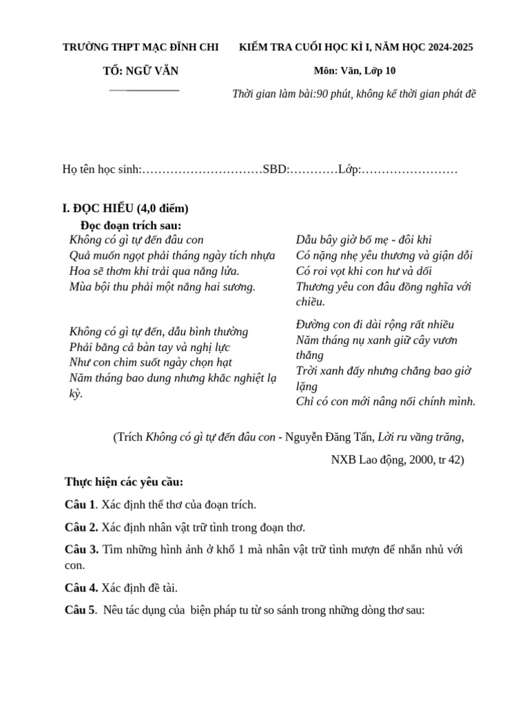 Đề văn 10 Hk 1 (2) | PDF