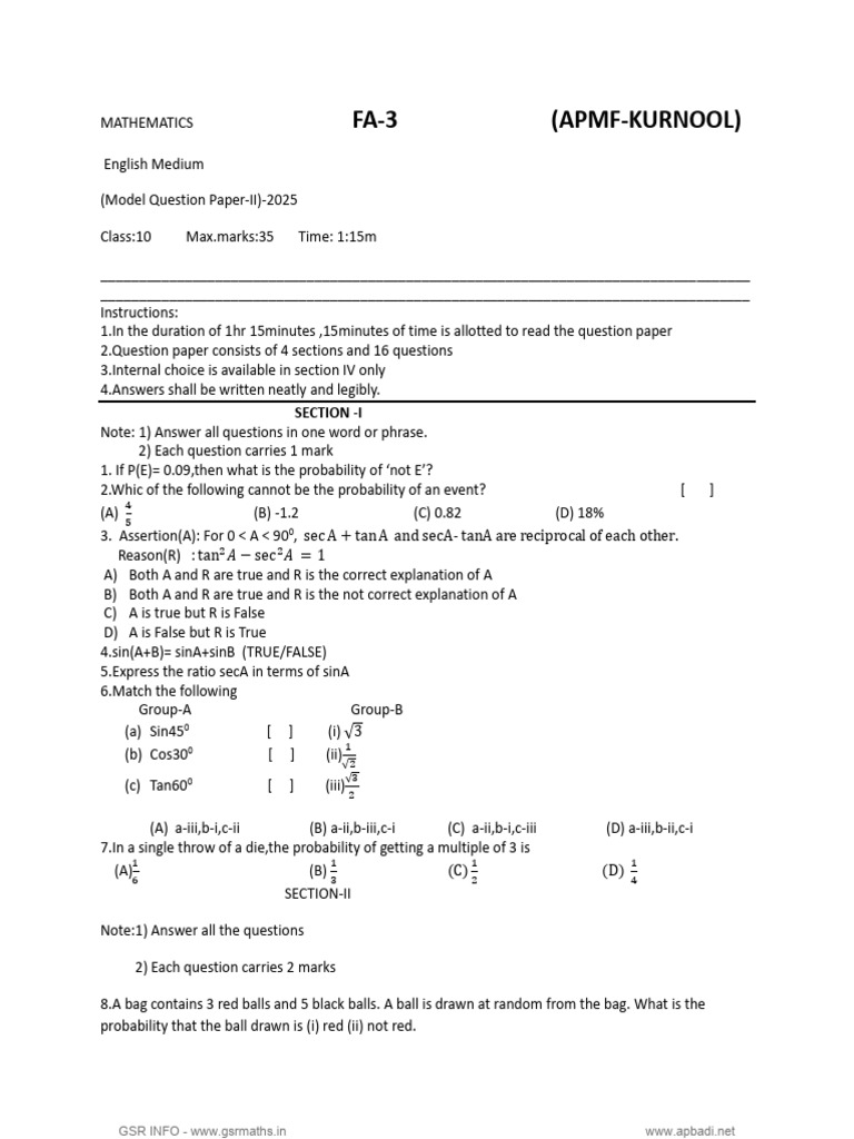 Class 10 Math Exam Paper | PDF | Mathematics
