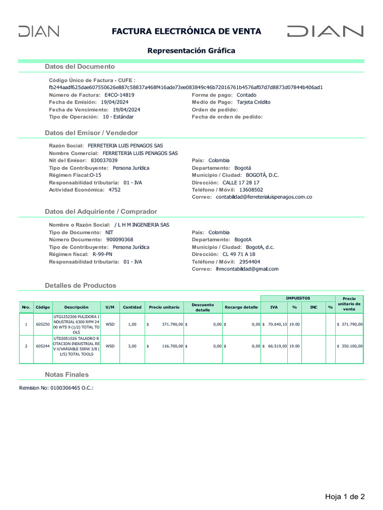 FVE 14819 Ferreteria Luis Penagos | PDF | Factura | Pagos