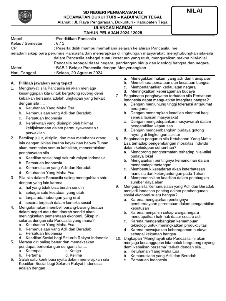 Ulangan Harian BAB 1 Pendidikan Pancasila Kelas 6 | PDF