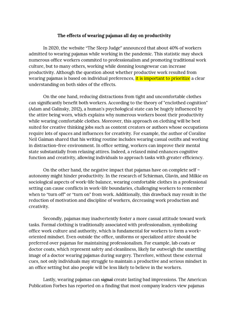 Pajamas and Productivity: A Balancing Act | PDF | Clothing | Creativity