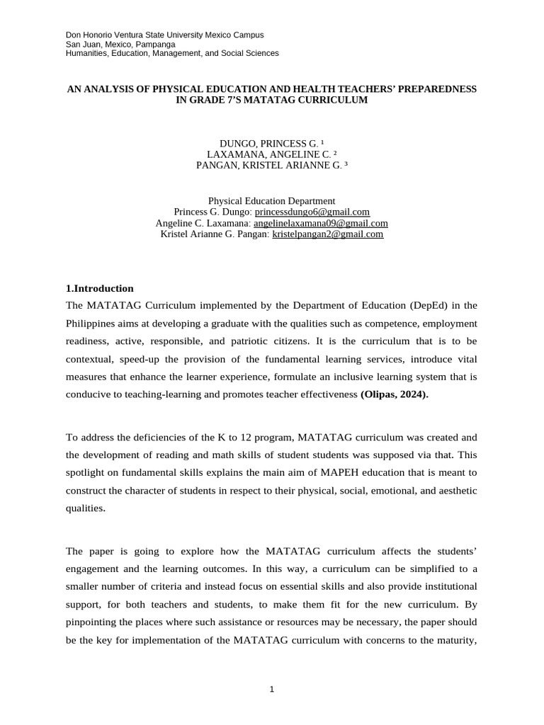An Analysis of Physical Education and Health Teachers' Preparedness in Grade 7'S Matatag ...