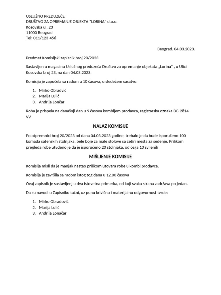 Komisijski Zapisnik | PDF