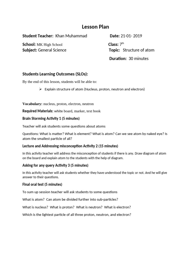 Structure of Atom Lesson Plan 1 | PDF