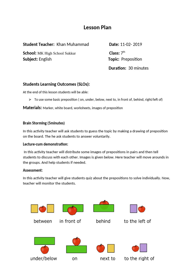 Preposition Lesson Plan 5 | PDF