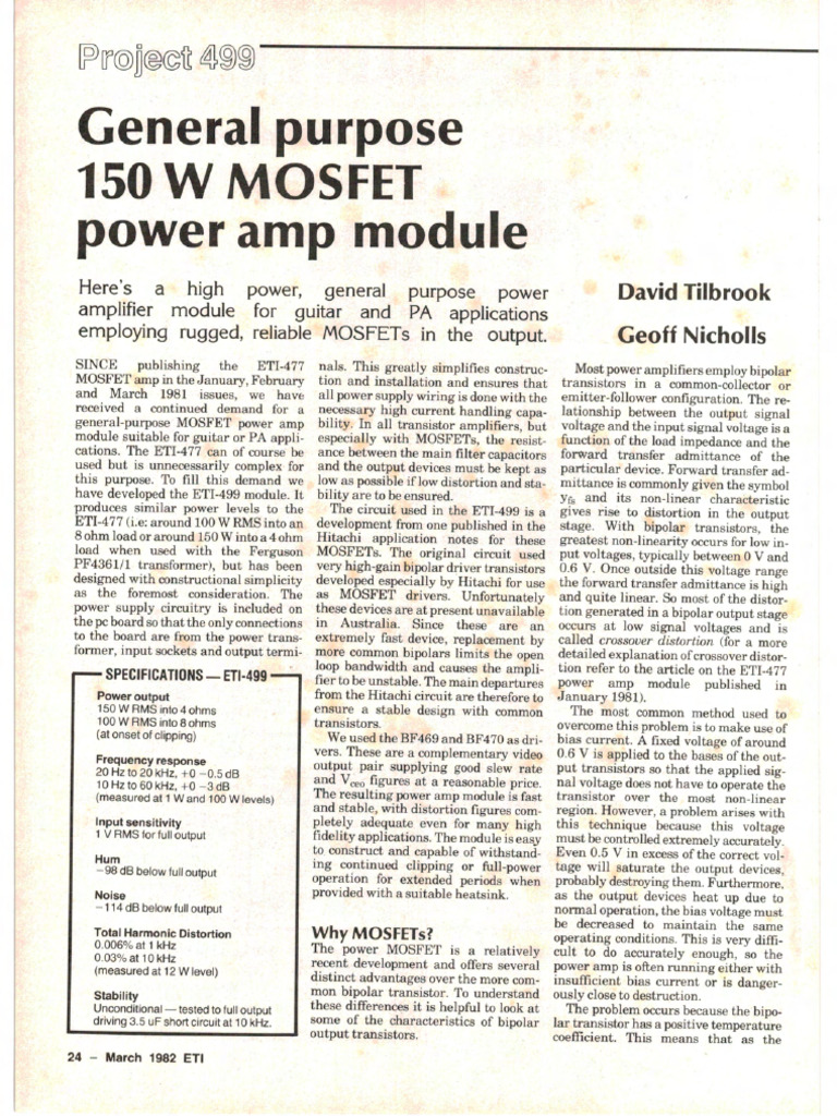 150W General Purpose 150W MOSFET Power AMp Module ETI 499 | PDF