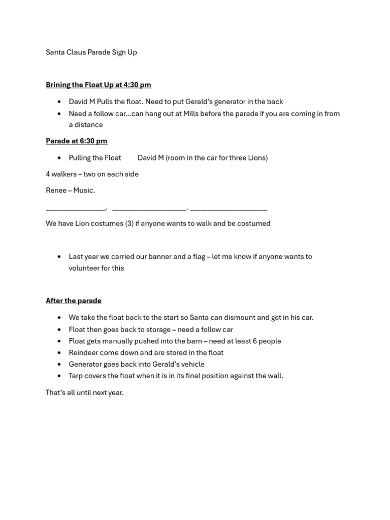 Santa Claus Parade Float Sign-Up Details | PDF