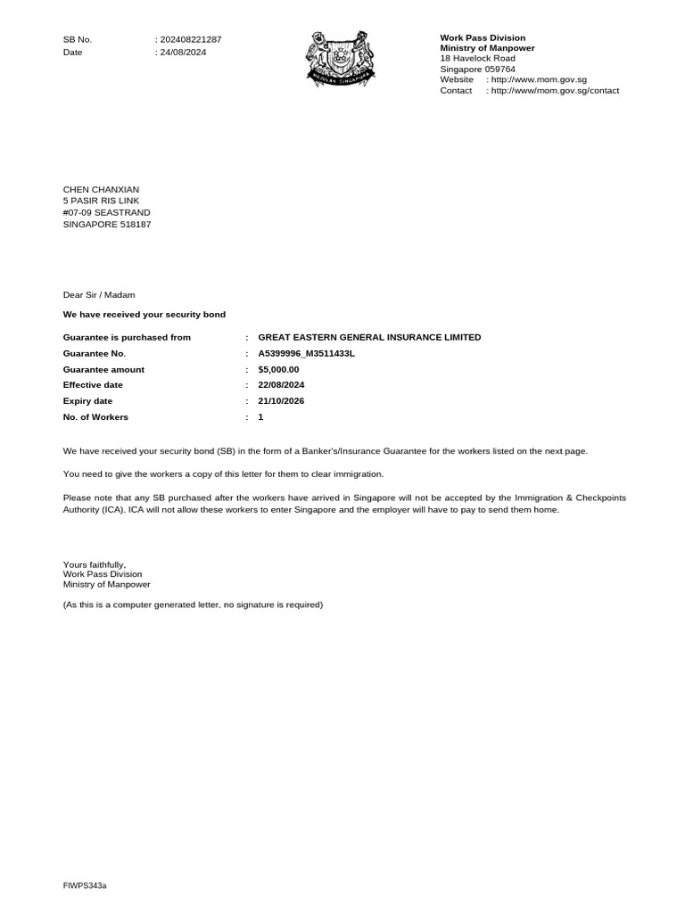 Security Bond Confirmation for Work Permit | PDF