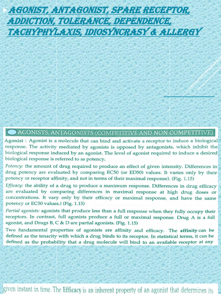 Agonist, Antagonist, Spare Receptor, Addiction, Tolerance, Dependence ...