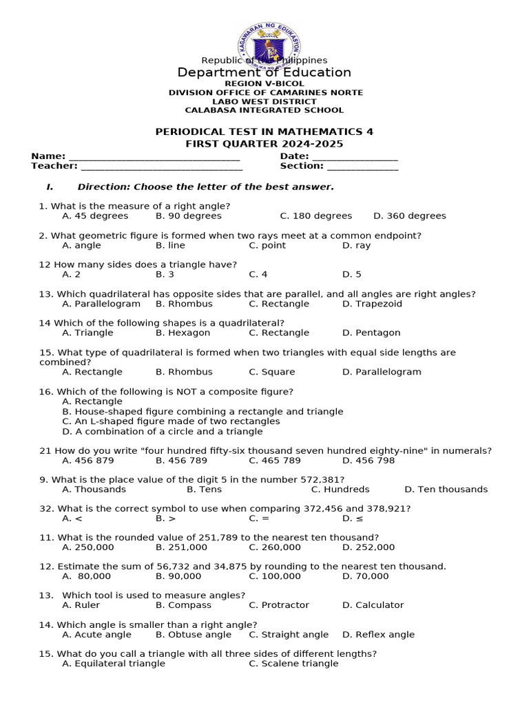 Grade 4 Math First Periodical Test | PDF | Rectangle | Triangle