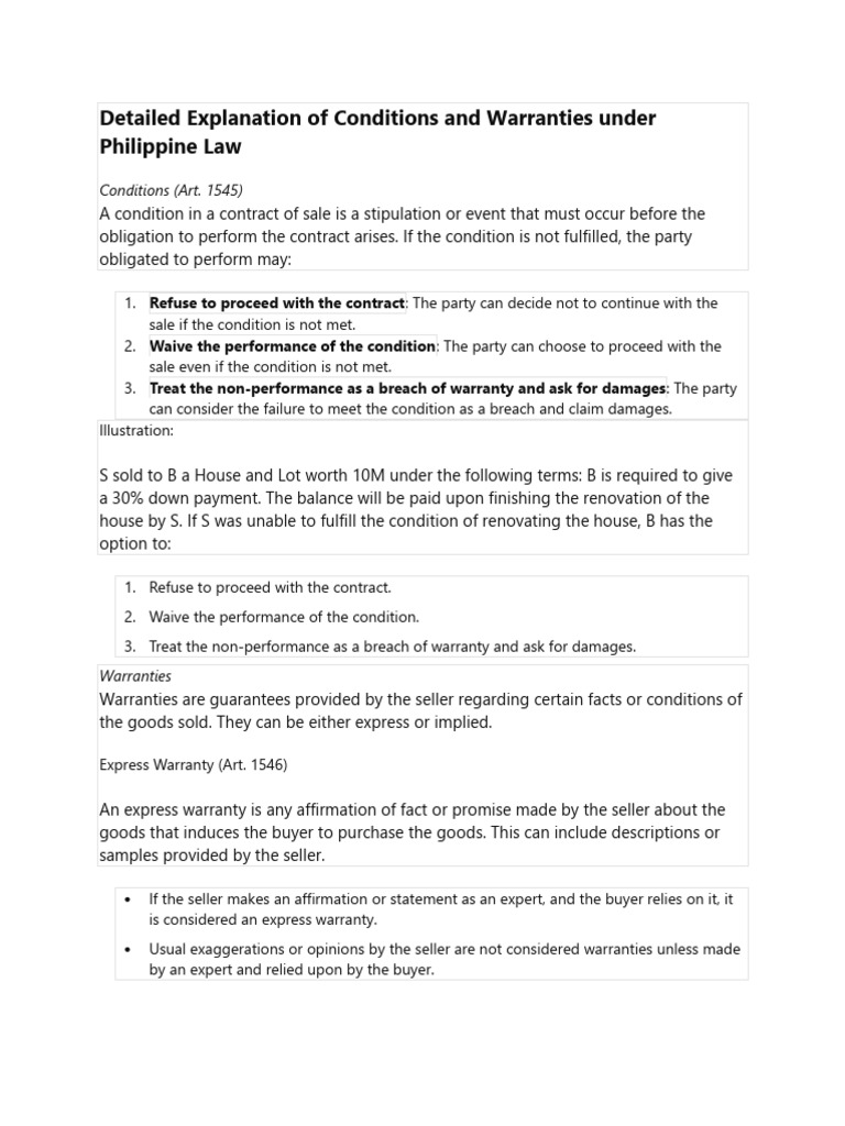 Conditions and Warranties in Philippine Law | PDF | Breach Of Contract ...