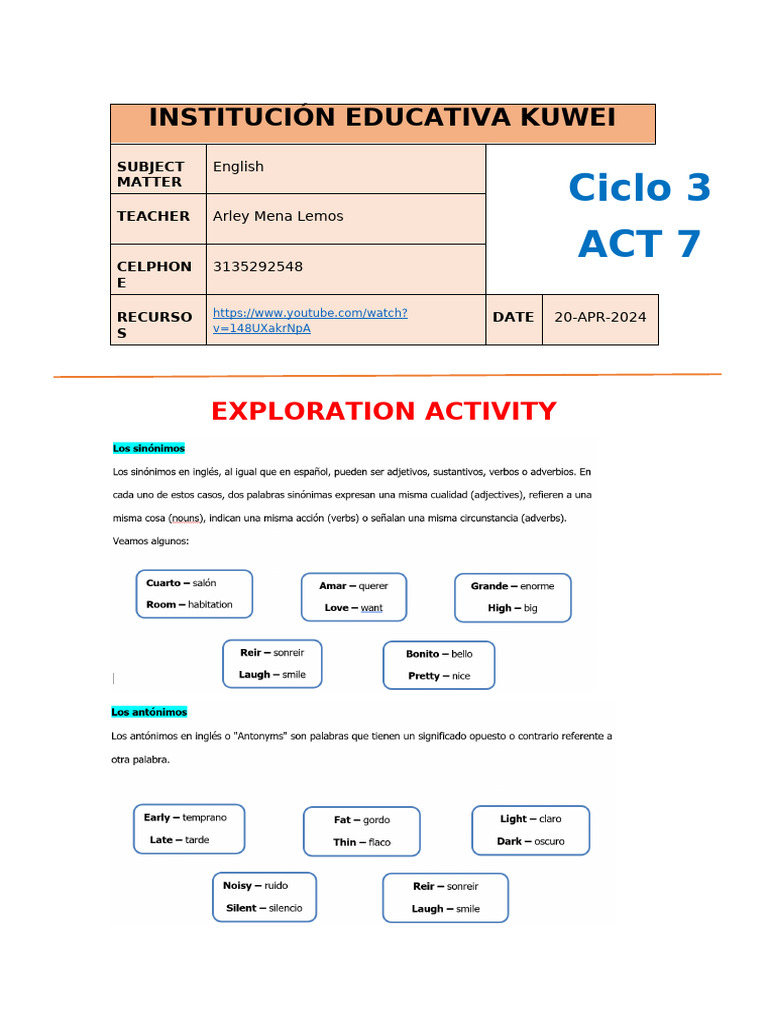 2024 Ciclo 3 Ingles Act 7 Synonyms and Antonyms | PDF