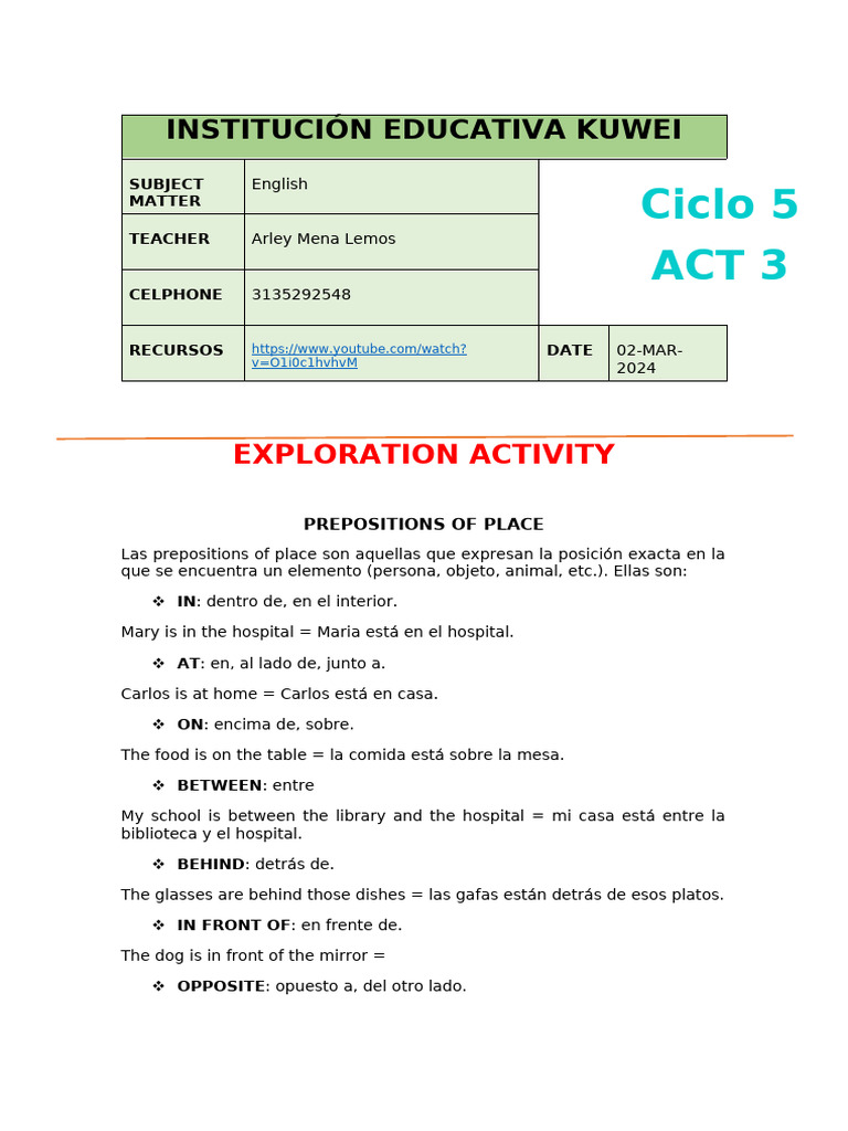 2024 Ciclo 5 Ingles Act 3 Prepositions of Place | PDF