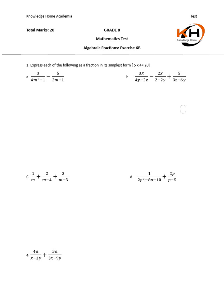 Grade 8 Algebraic Fractions Test | PDF