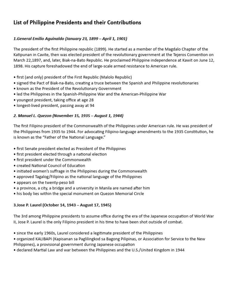 List of Philippine Presidents and Their Accomplishments | PDF | President Of The Philippines ...