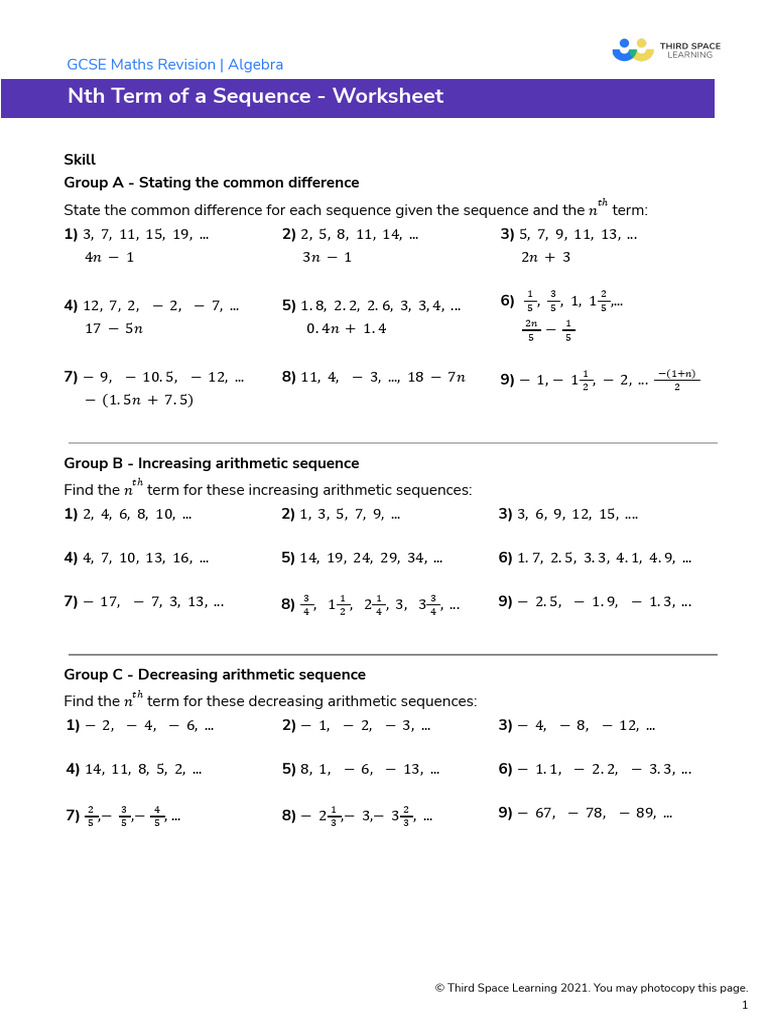 Third Space Learning NTH Term of A Sequence GCSE Worksheet | PDF ...
