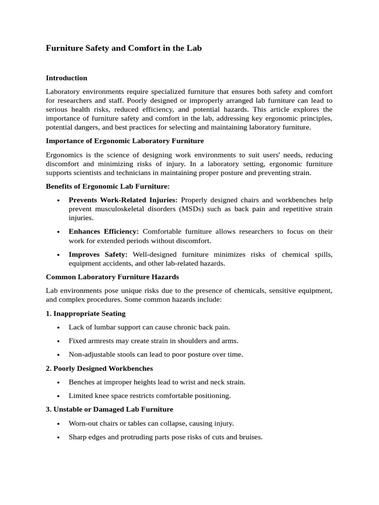 Furniture Safety and Comfort in The Lab | PDF | Laboratories | Workplace