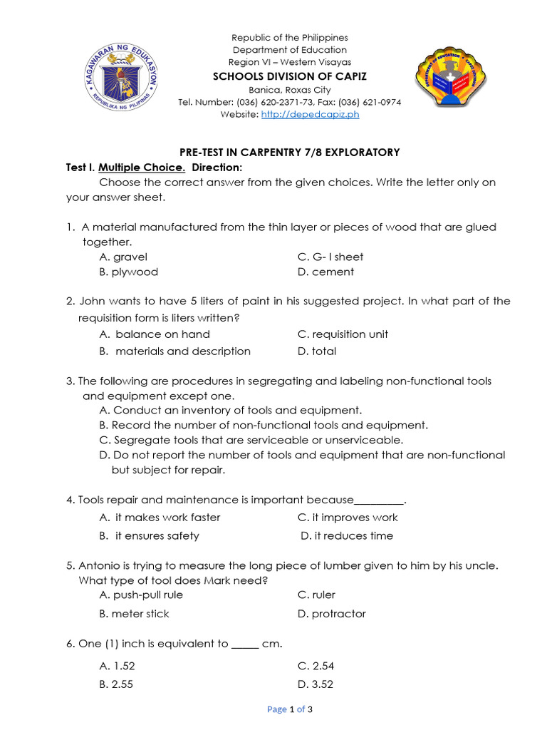 Pre Test in Carpentry 7 - 8 Exploratory | PDF