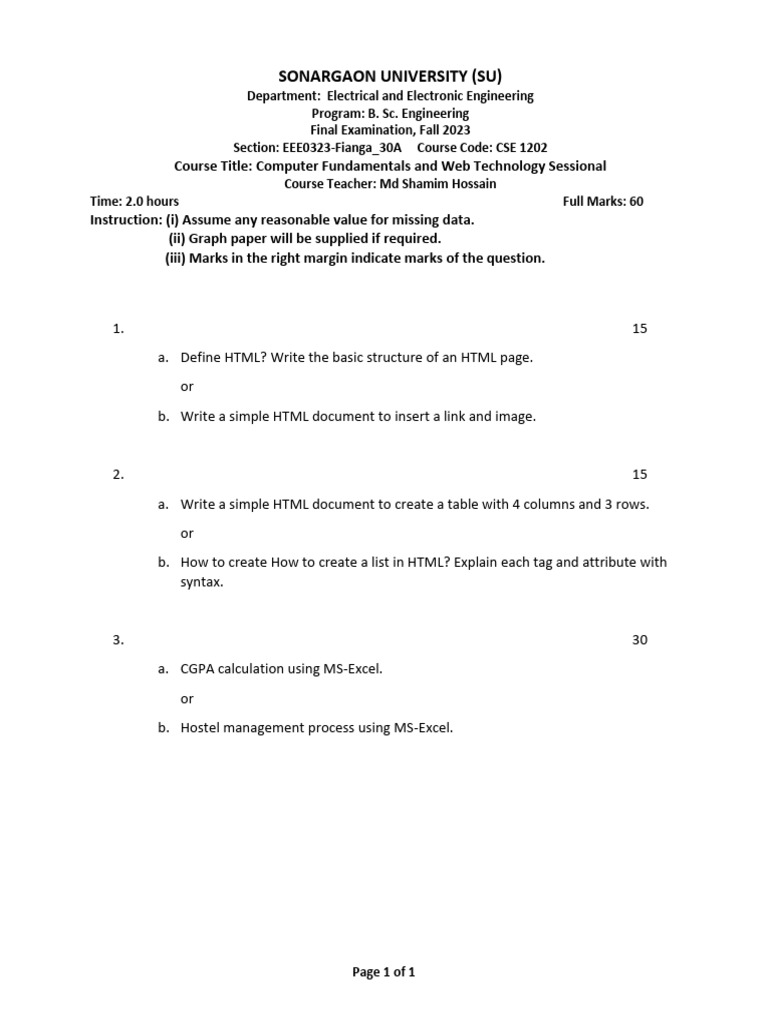 SU EEE Exam: Computer Fundamentals 2023 | PDF
